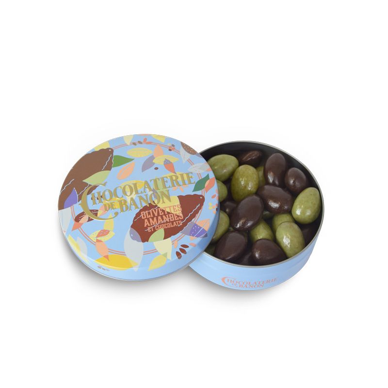 chocolate olives in a metal box